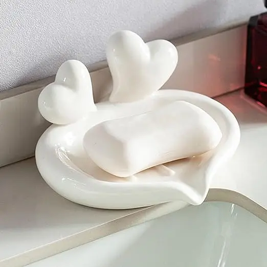 Cute Shape Soap Holder With Drainage Lovely Trays Heart White Ceramic ...