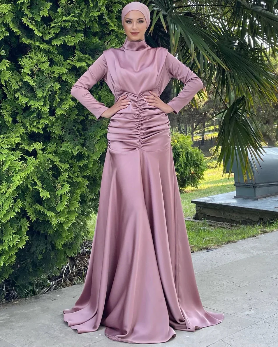 Custom Islamic Evening Dress Dubai Muslim Satin Modest