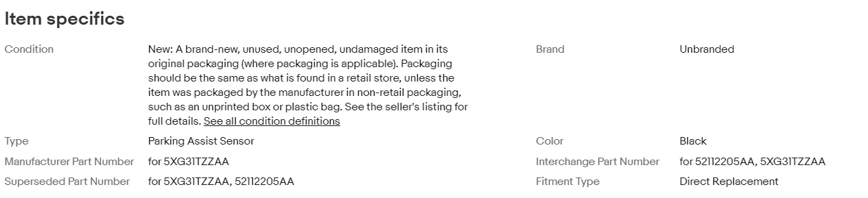 For Parking Sensor Chrysler Pacifica Jeep Renegade Ram Fiat 5xg31tzzaa ...