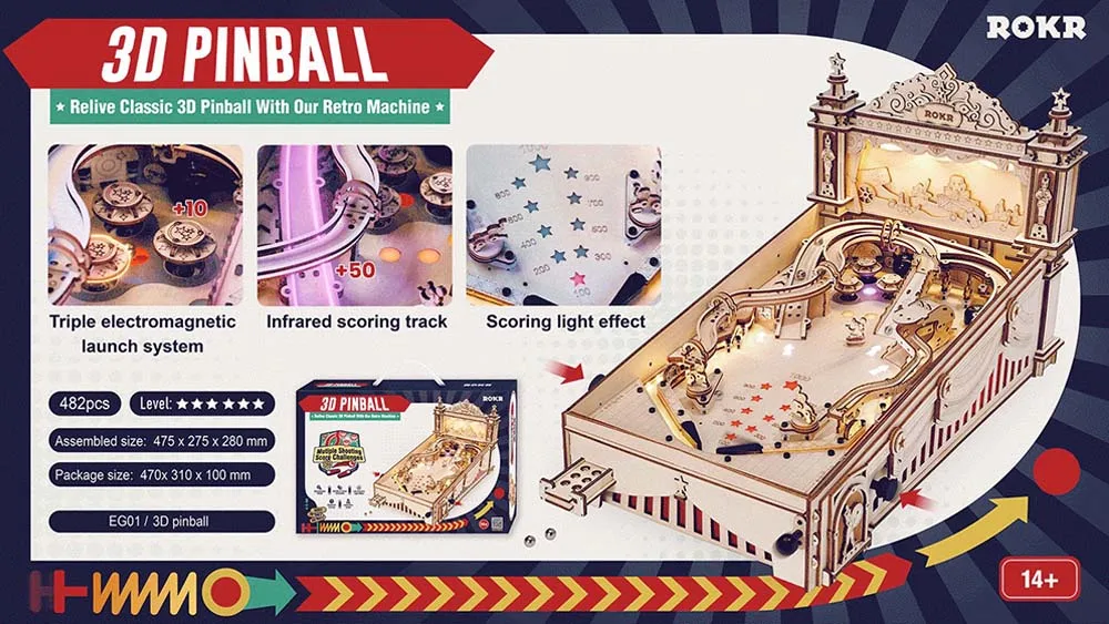 Robotime Rokr DIY 3D Pinball Machine Model Kits for Adults