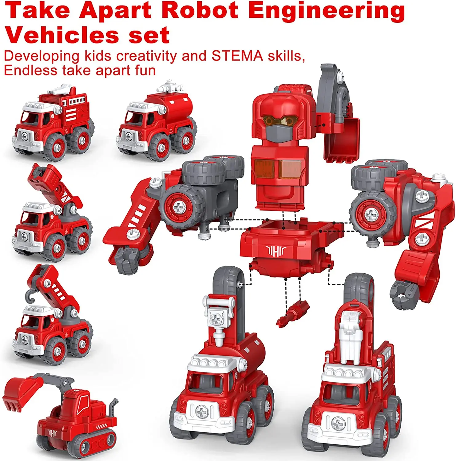 Take Apart Robot Stem Toy Children 5 Vehicles In 1 Fire Truck Transform ...