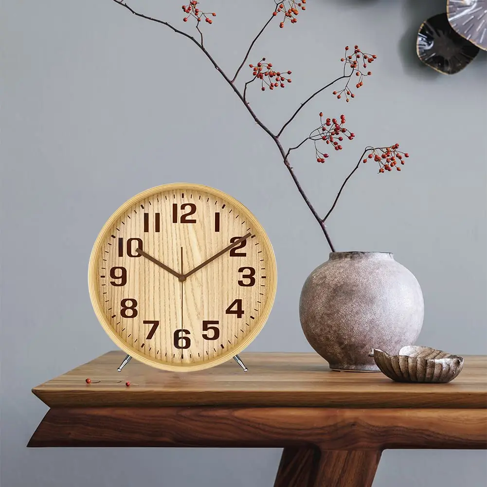 Two Hands Silent Desk Decorative Natural Color Wood Table Clock With ...