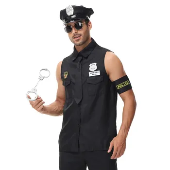 New Carnival Cosplay Cop Costume For Man Black Sleeveless Cop Career ...