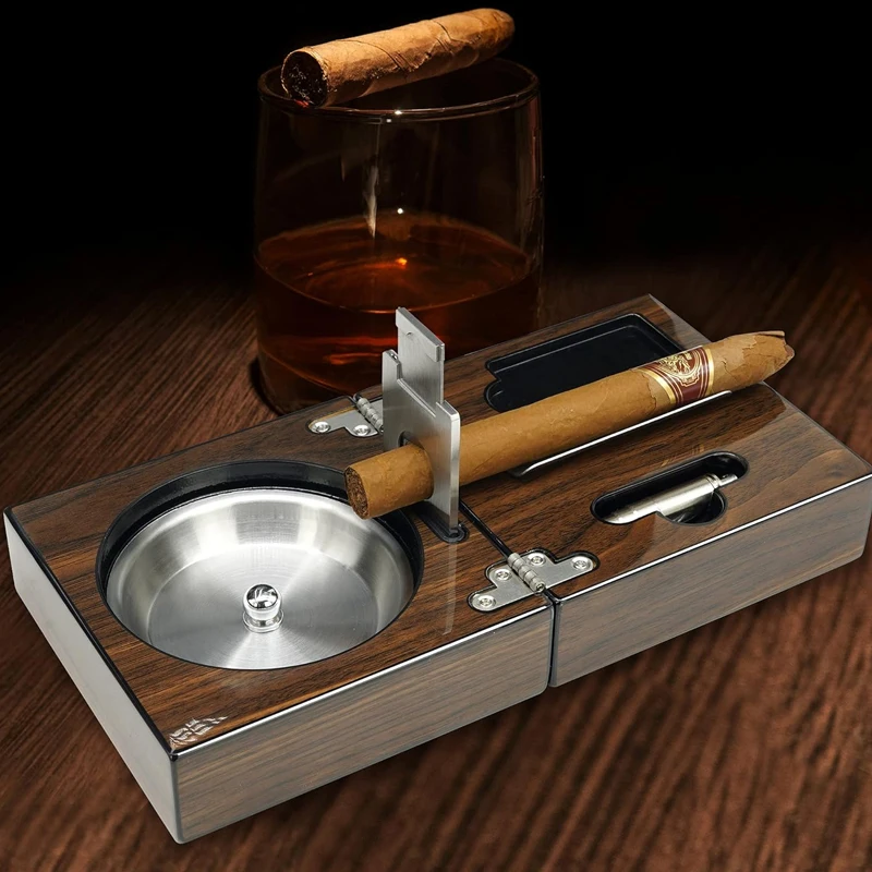 Wooden Cigar Ashtray Set with Cigar Cutter and Punch Foldable Travel ...