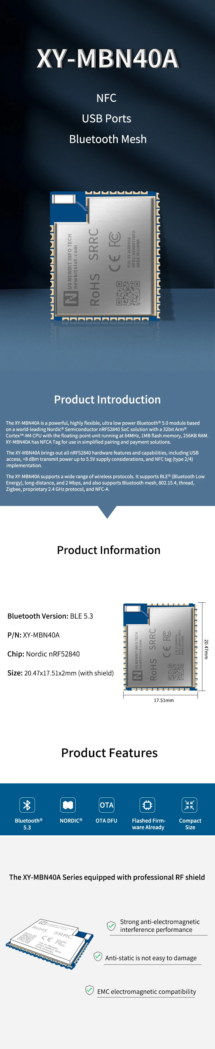 Nordic Nrf52840 Bluetooth Module 5 0 Bluetooth Low Energy Module With Fcc Ce Bqb Certifications