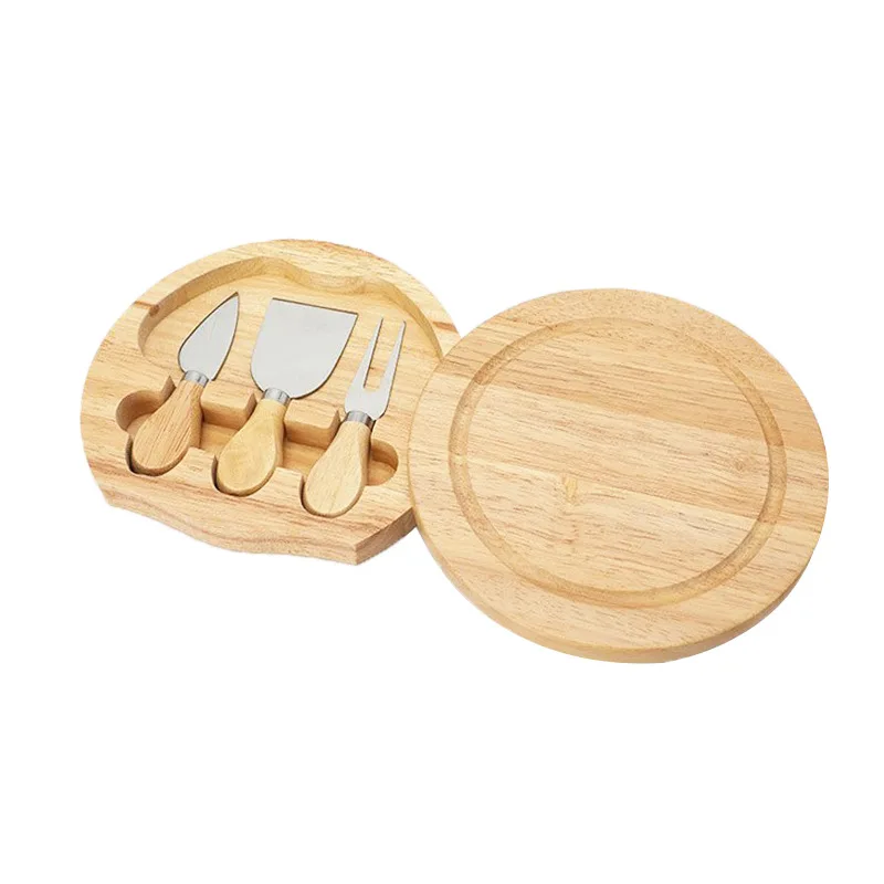 Mini Round Rubber Wood Circle Cheese Board Set With 3 Knives Snack ...