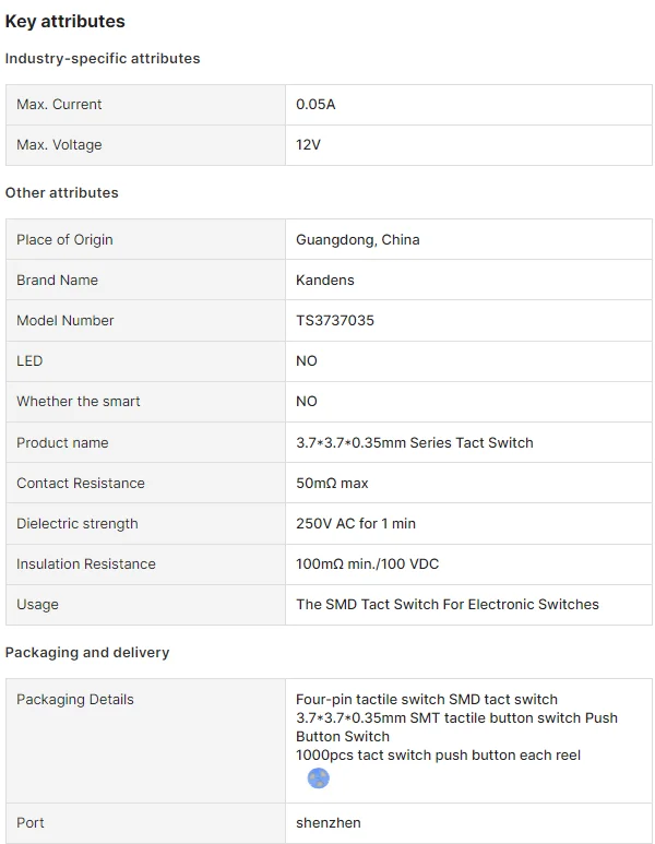 Smt 4 Pin Tactile Switch Smd Tact Switch 3.7*3.7*0.35mm Membrane Switch ...