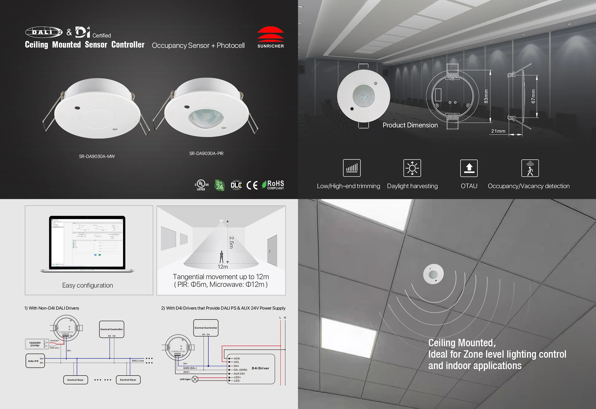 Ceiling Mount DALI-2 PIR Sensor + Light Sensor by Sunricher
