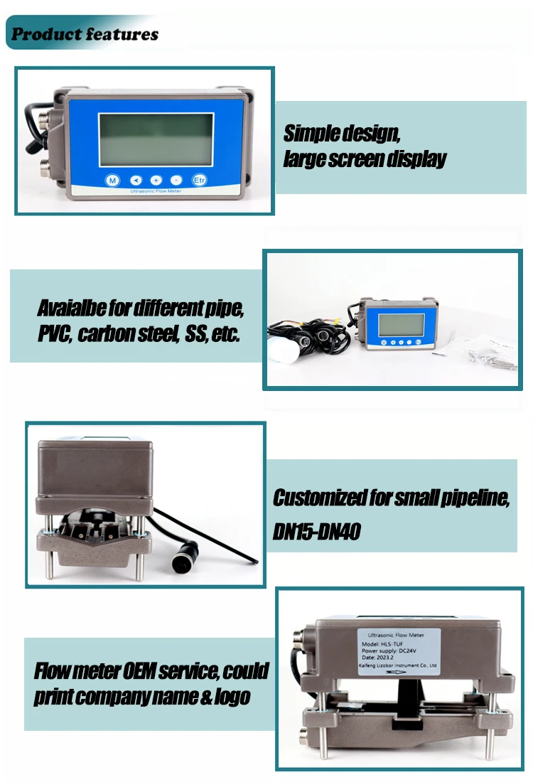 4-20mA Modbus RS485 Ultrasonic Flowmeter Stainless Steel Digital Liquid Flowmeter LCD Display ...