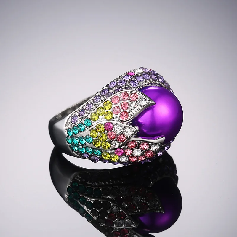 Huitan Vintage Big Lady Full Stone Ring Silver Color Purple Bead ...