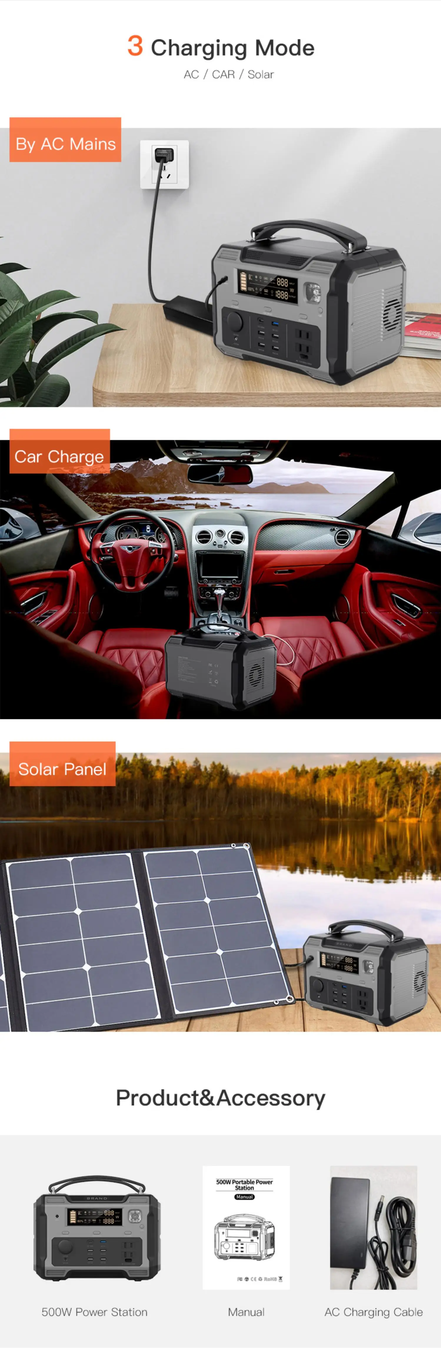 LiFePo4 USB TYPE-C PD Solar AC CAR 500W 484Wh Portable Power Station ...