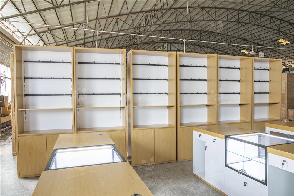 Wooden and Glass Showcase Designs in Wall - Commercial Store Fixtures