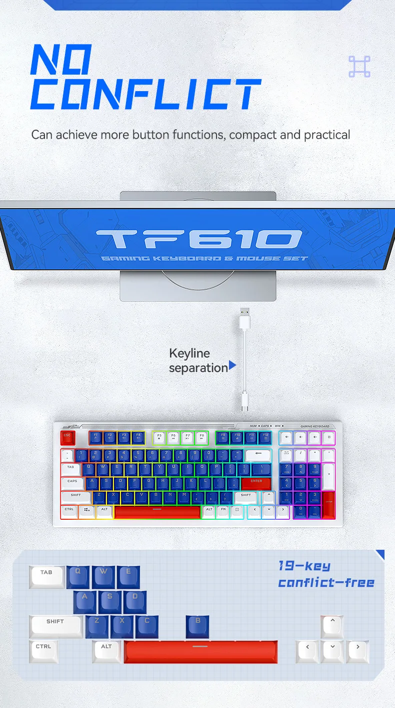 T-WOLF TF610 Gaming Keyboard - 98 Key Layout with 3600 DPI