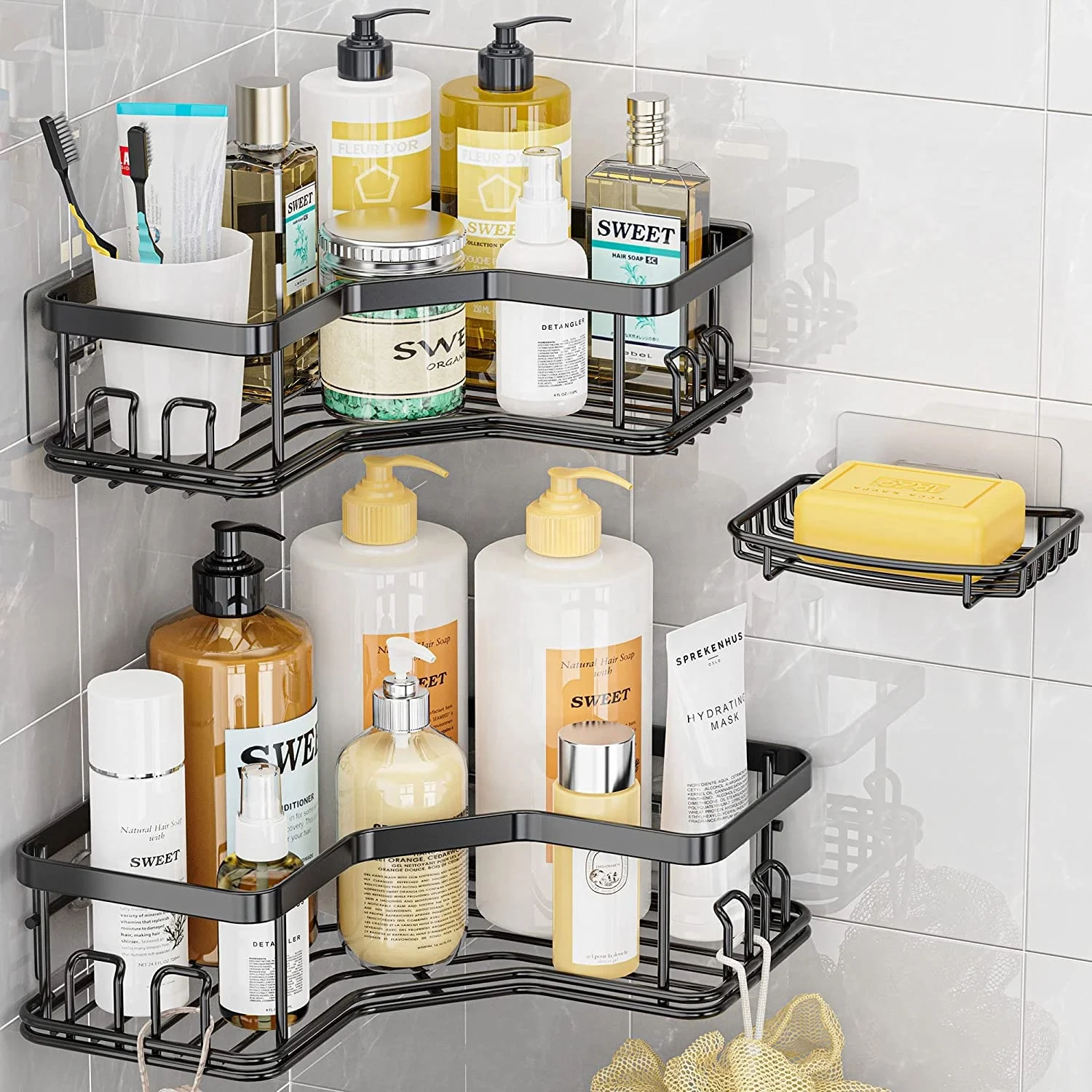 Black Corner Shower Organizer Shower Caddy Set Iron No Drilling Shower ...