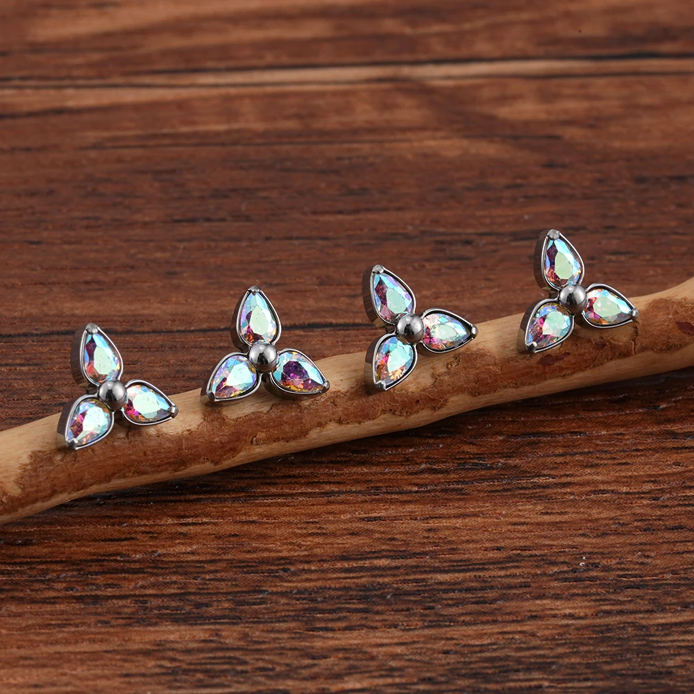 Right Grand ASTM F136 Titanium Threadless Push Pin Triple Flower CZ Top ...