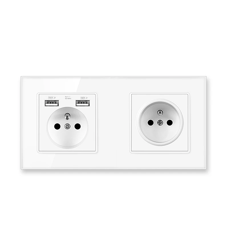 French Standard Tempered Glass Panel Wall Socket Electrical Plug With ...