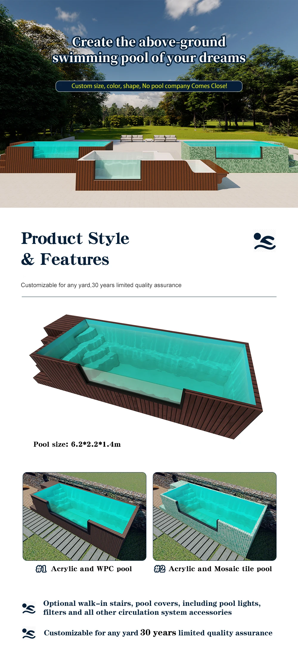 Family Acrylic Fiberglass Wooden WPC Piscina Piscine