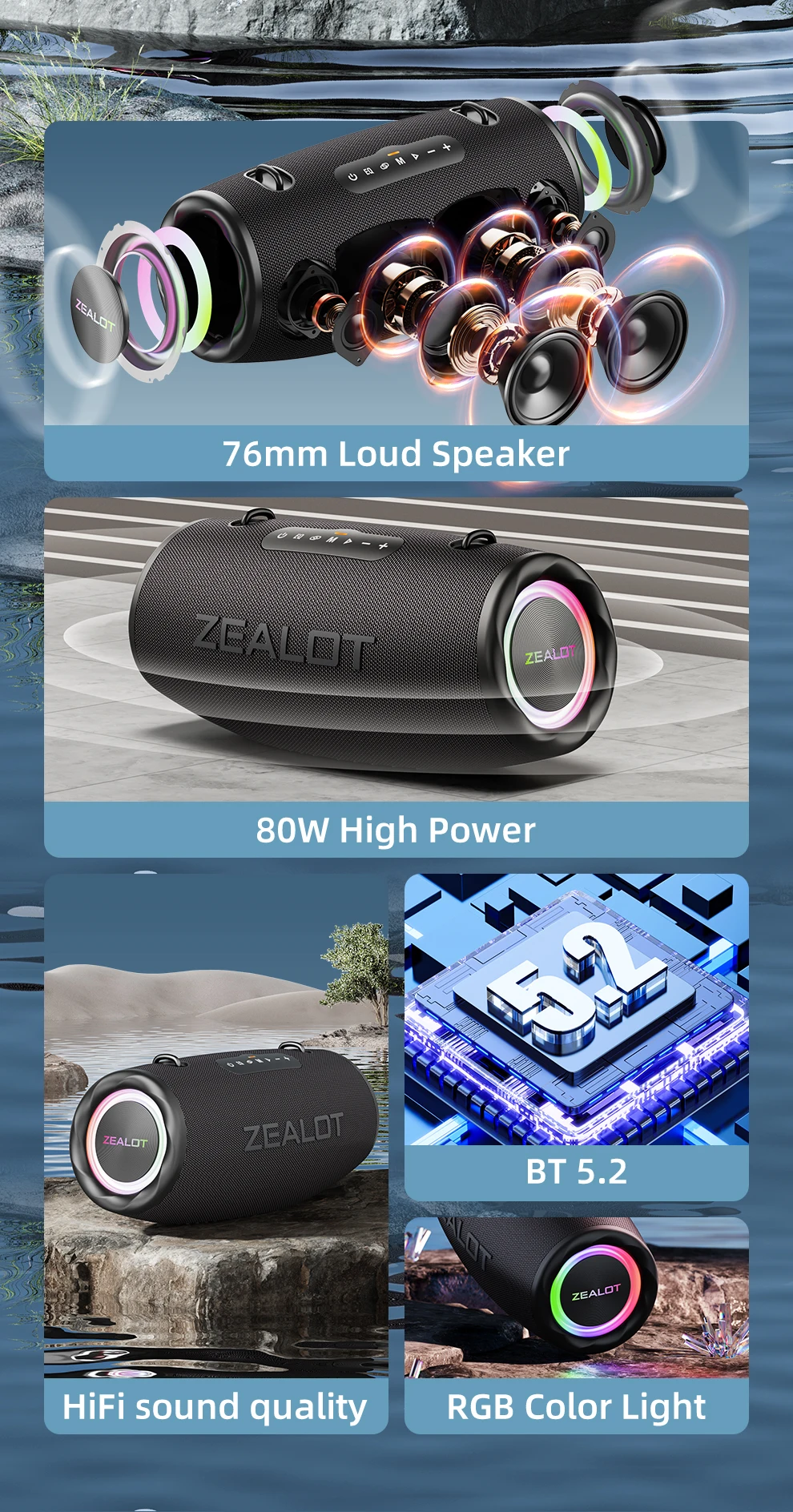 ZEALOT S87 Portable Waterproof Wireless Speaker - 80W Loud Stereo Sound ...