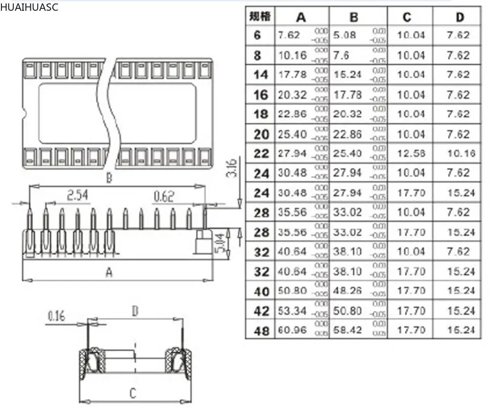 2.54mm Pitch 6P 8P 16P 18P 24P 28P 32P 40P 42P DIP Solder Square Narrow Wide IC Socket Connector ...