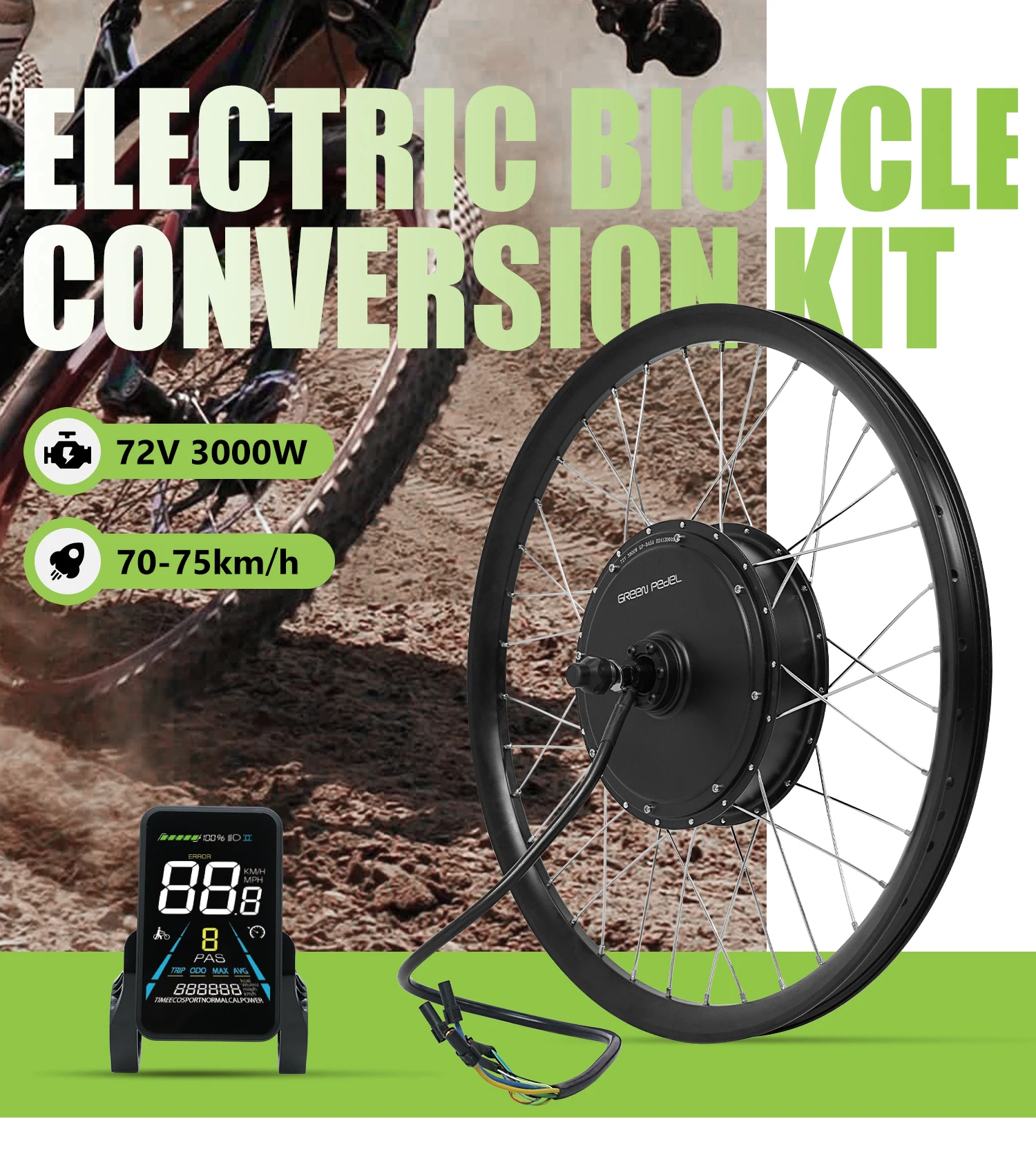 GreenPedel 3000W Electric Bike Conversion Kit LCD Display 72V Rear High ...