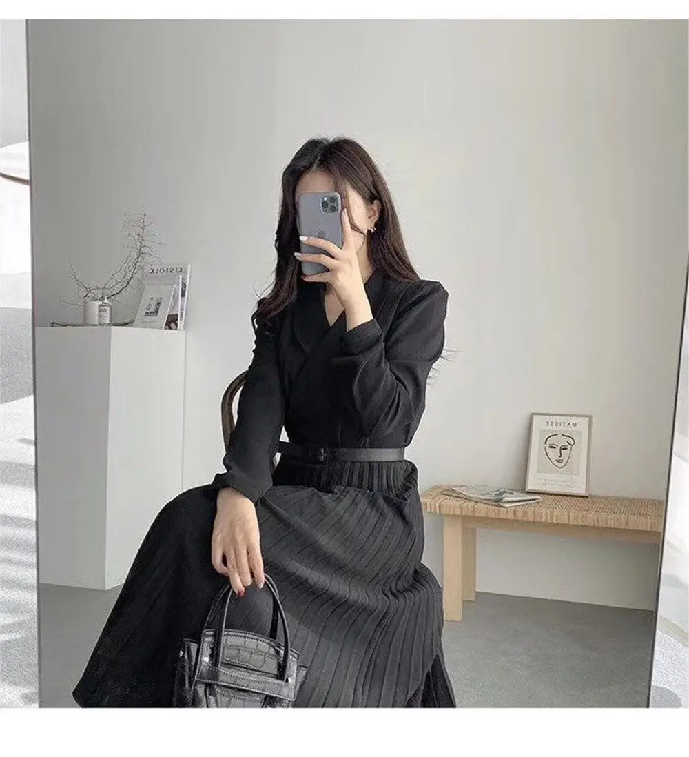 2021 Spring And Autumn Korean Style Elegant Belt Maxi Length Pleated ...