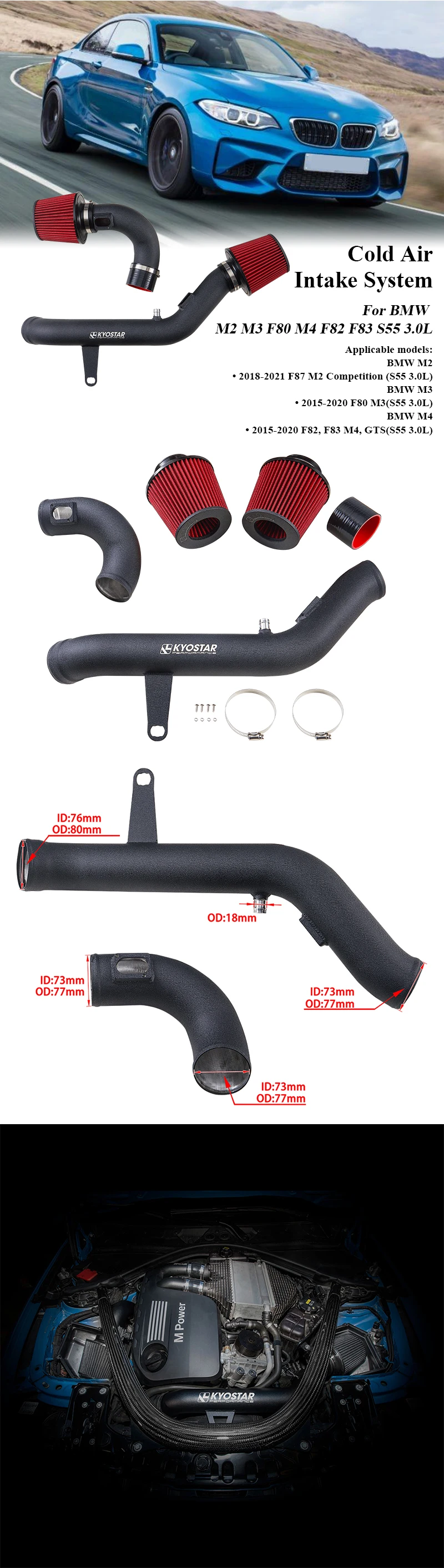 Kyostar 3'' Cold Air Intake For Bmw 2015-2019 M2 M3 F80 M4 F82 F83 S55 3.0l Air Intake System ...