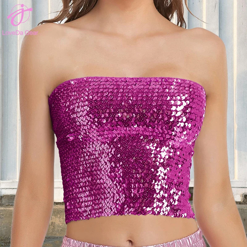 Loveda Sexy Womens Sparkly Sequin Crop Tops Strapless Metallic Tube ...