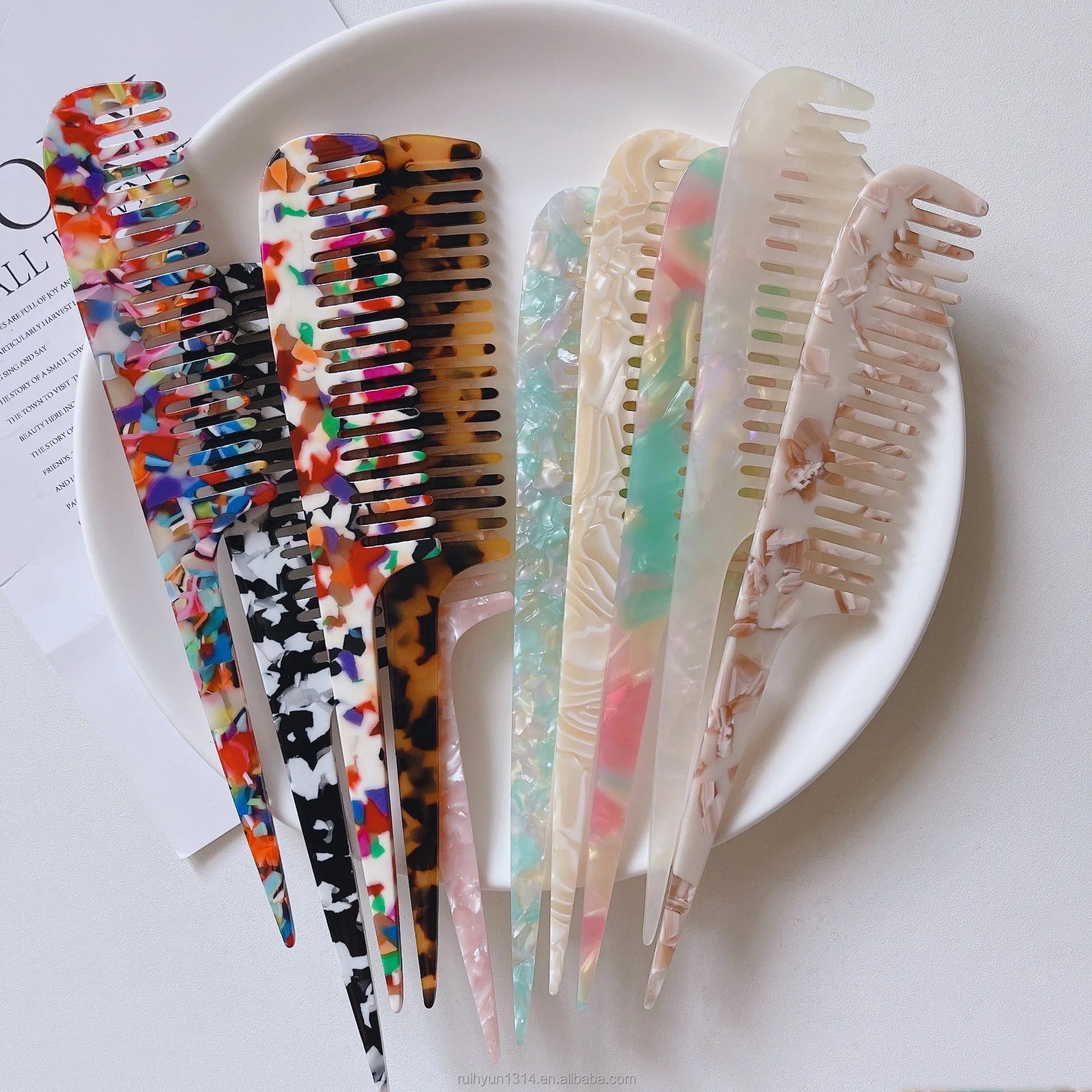 Korean Simple Marble Texture Acetic Acid Long Handle Pointed Tail Comb ...