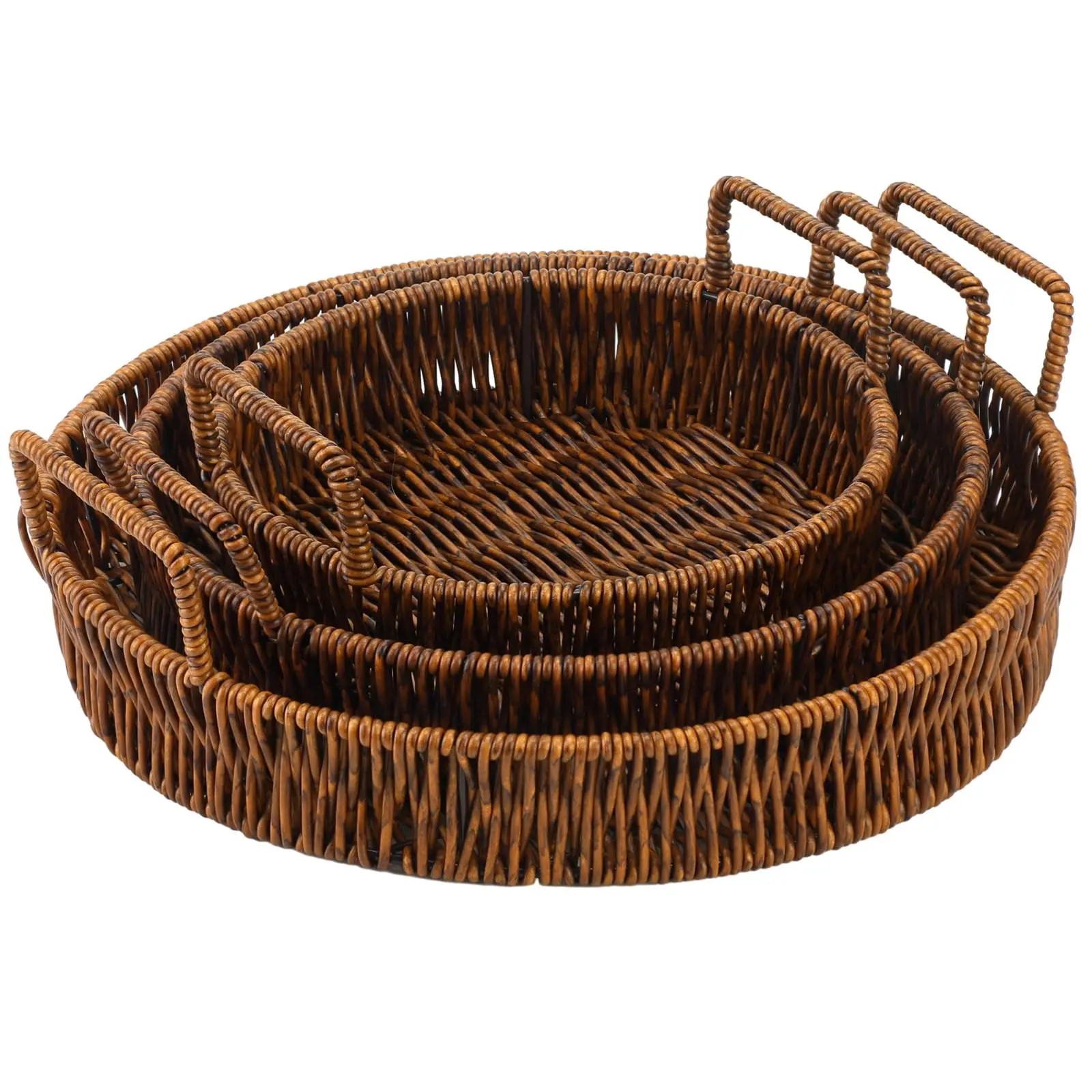 3 Pcs Rattan Serving Tray With Handles Woven Wicker Tray Round Shallow ...