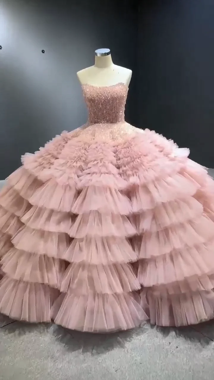 Feishiluo New Design Pink Evening Ballgown Luxurious Bead Big Fluffy ...