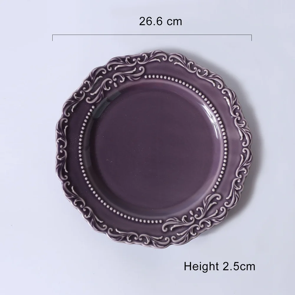 European Retro Ceramic Plate Dining Dish Set Fancy Embossed Purple ...