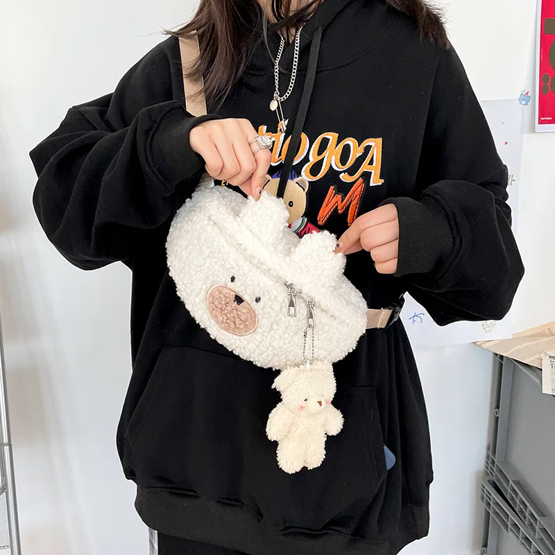 Custom Fluffy Fanny Pack Cartoon Bear Cute Faux Lamb Fur Wrist Bag ...