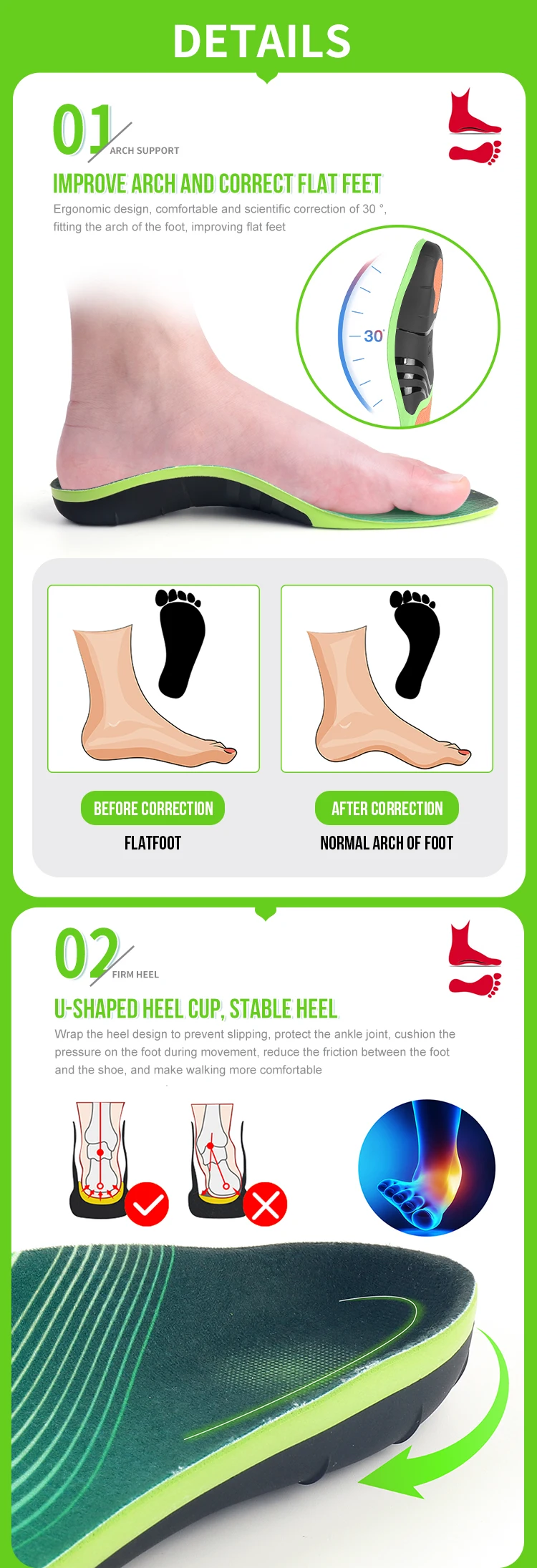 JOGHN Flat Foot Orthopedic Orthotic Insoles - Valgus Correctors