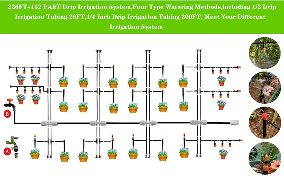 226ft Watering Drip Irrigation System Kit With 1/2 Inch Main Hose And 1 ...