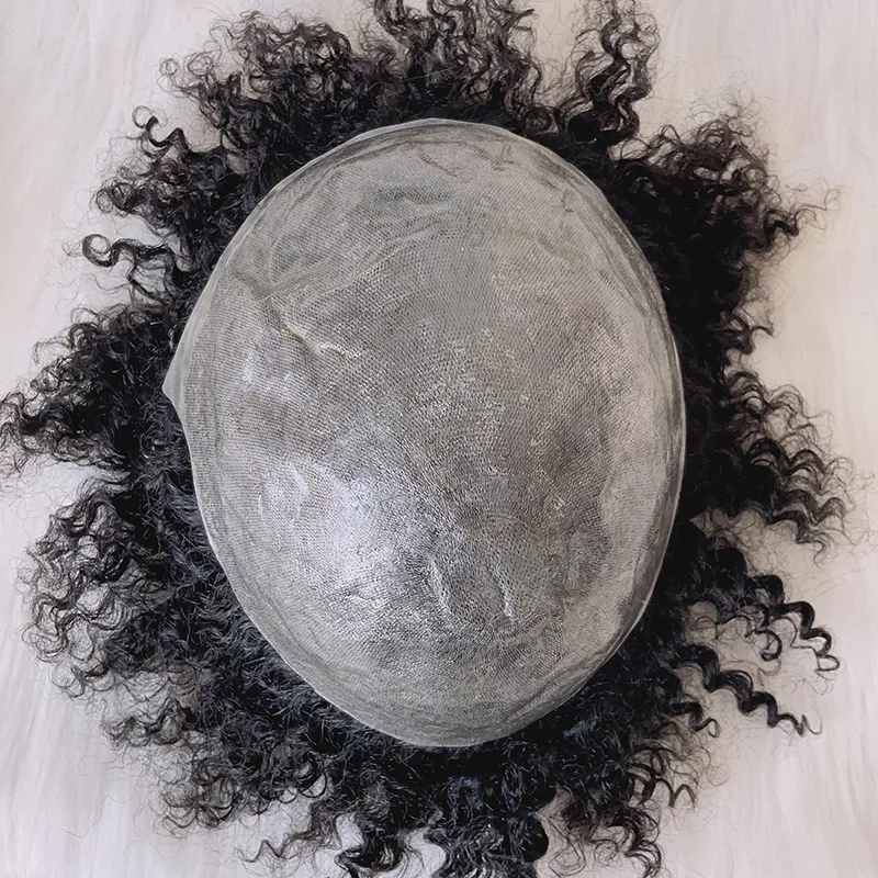 PU Afro Kinky Curly Silicone Toupee Men V-Loop Kontes
