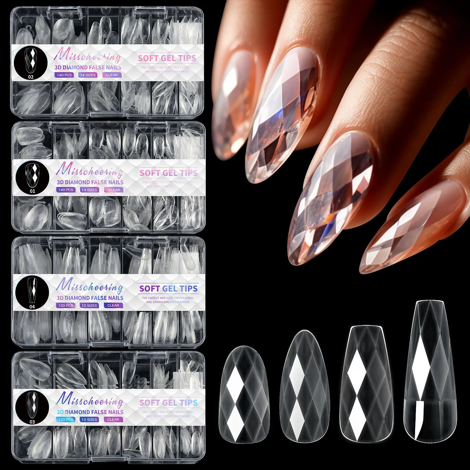 3D Diamond Shape Crystal Glass Nail Tips New Design Artificial ...