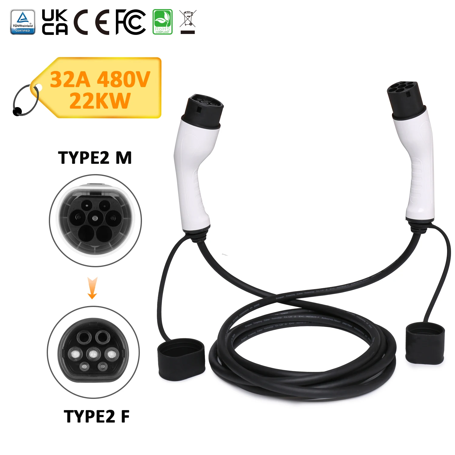 32a 480v Type 2 Charging Cable 22kw Electric Car Charger Type 2 To Type ...