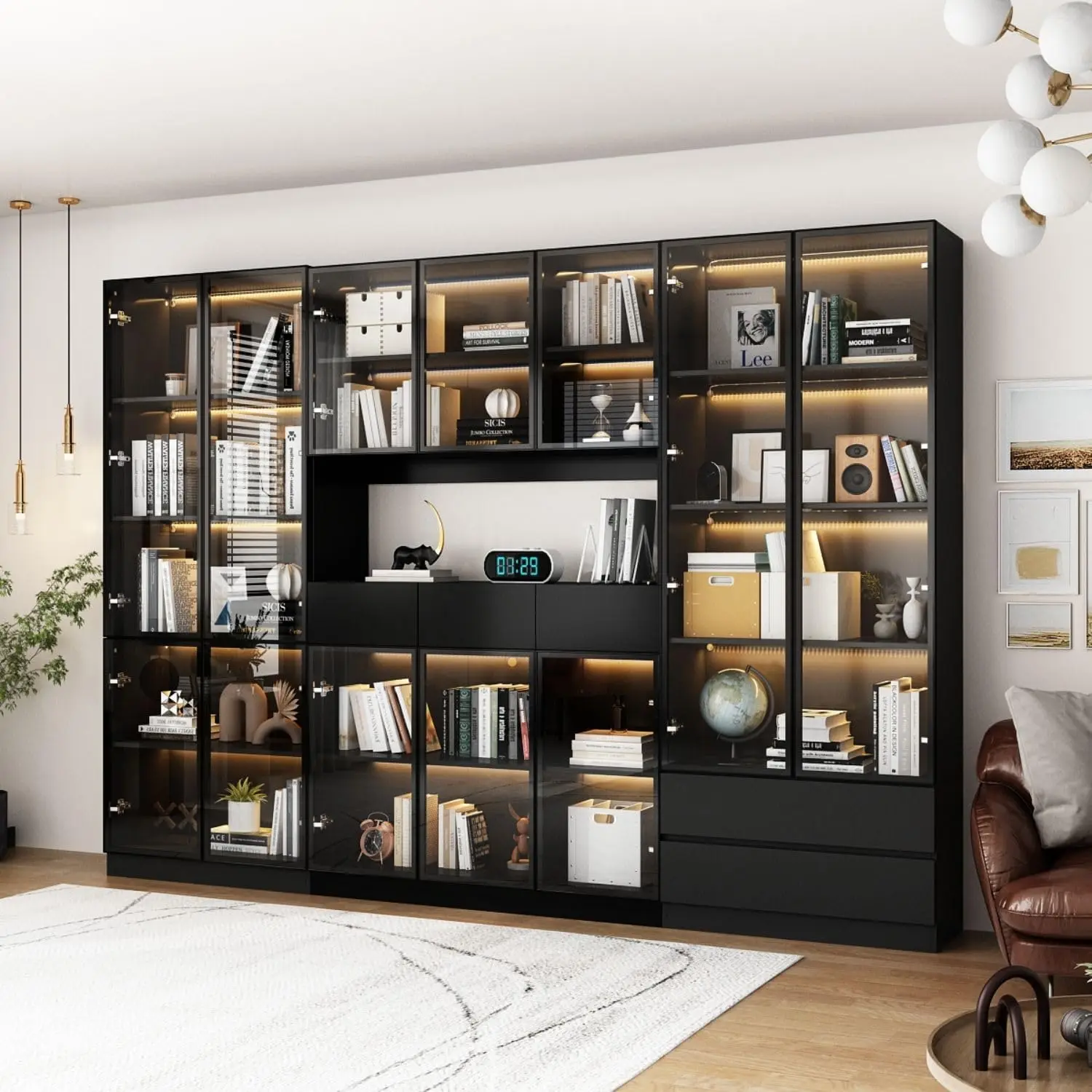 Modern Black Glass Display Cabinet with Doors & Lights, Storage for ...