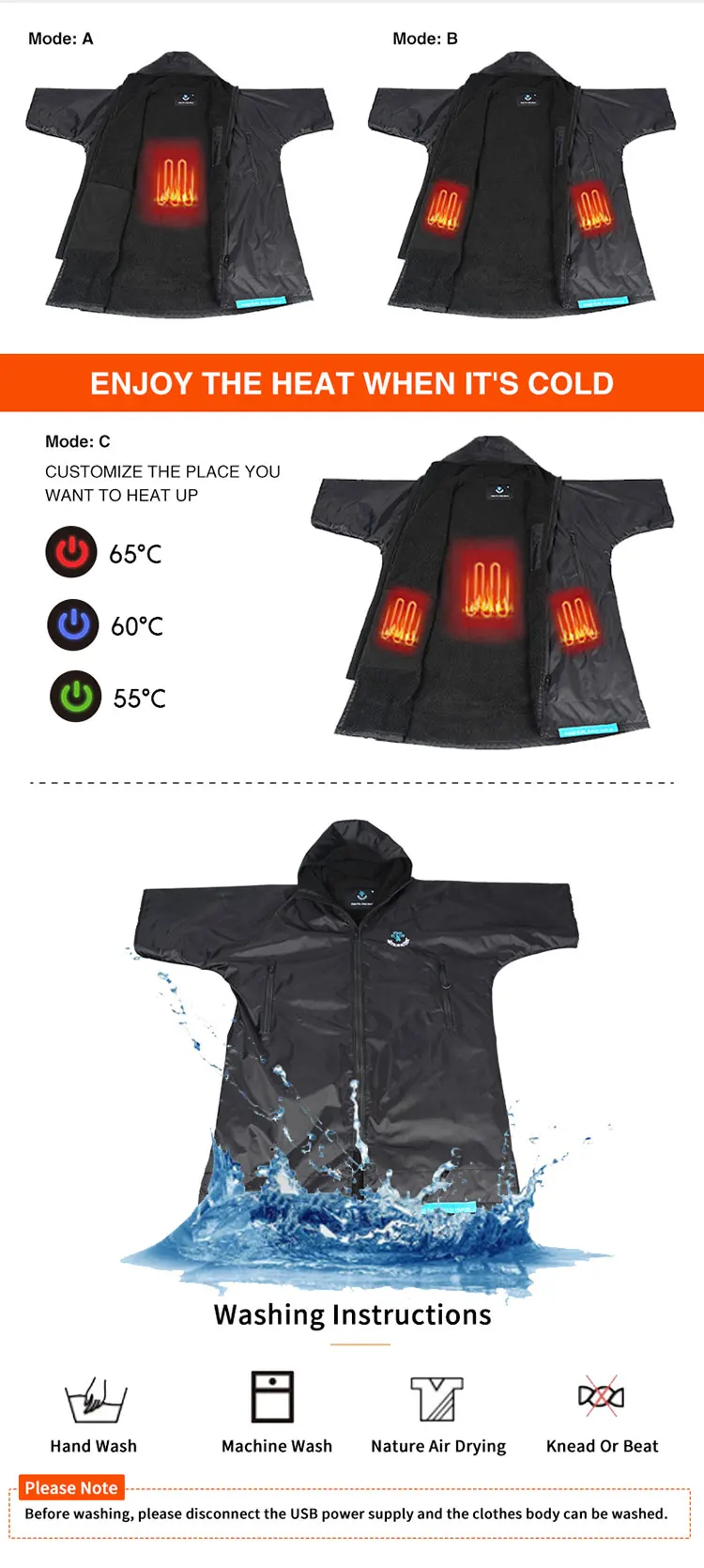 Custom Waterproof Heated Dry Beach Robe USB Long Sleeve Quick Changing ...