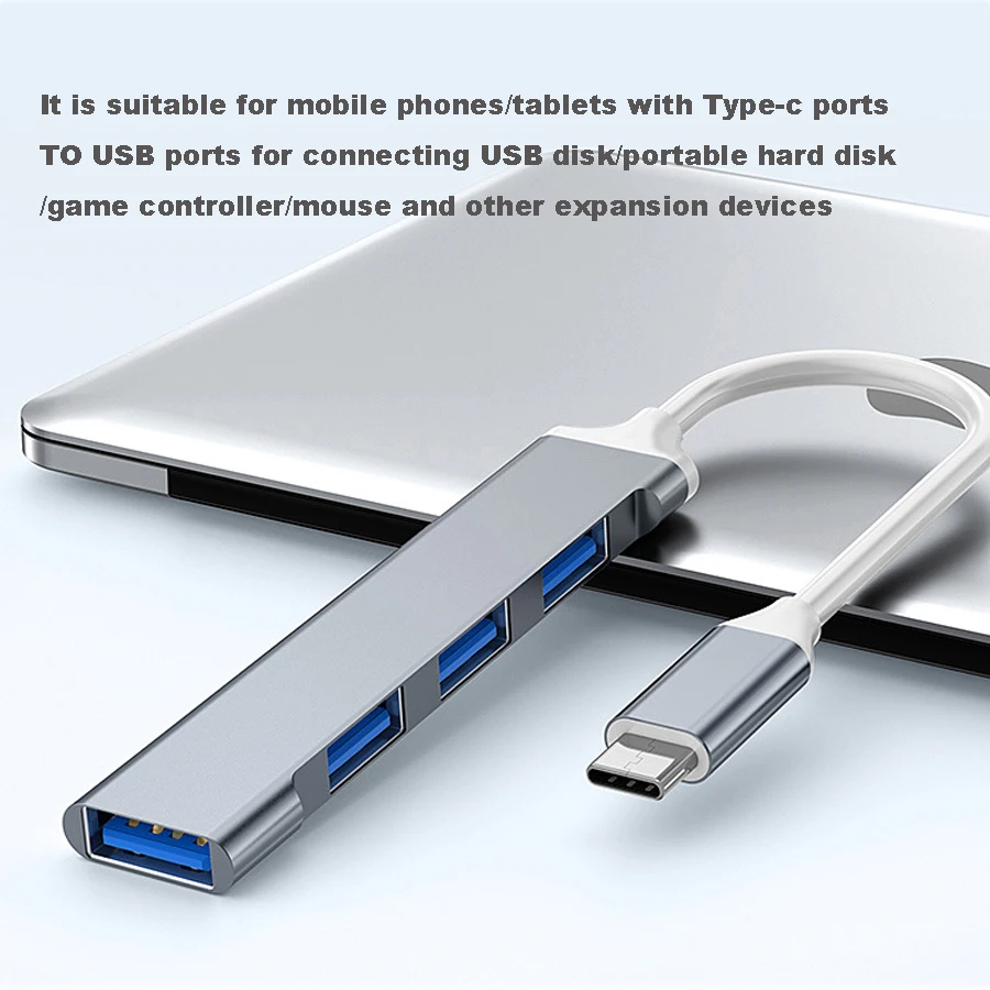 4 Port USB 3.0 Hub with USB-C Adapter for Laptop Expansion