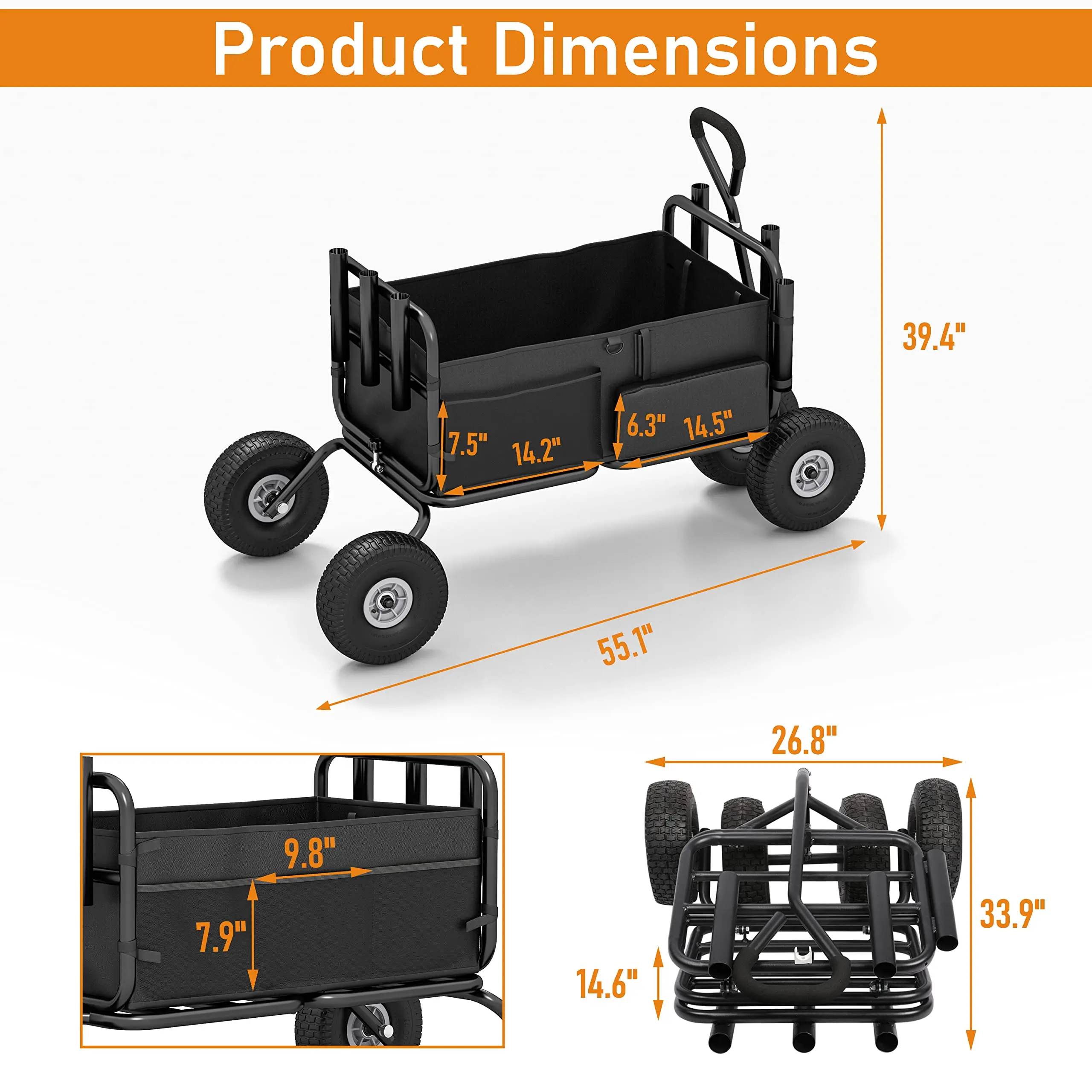 11'' All-Terrain Wheels Sand Cart Fishing Foldable Frame Wagon