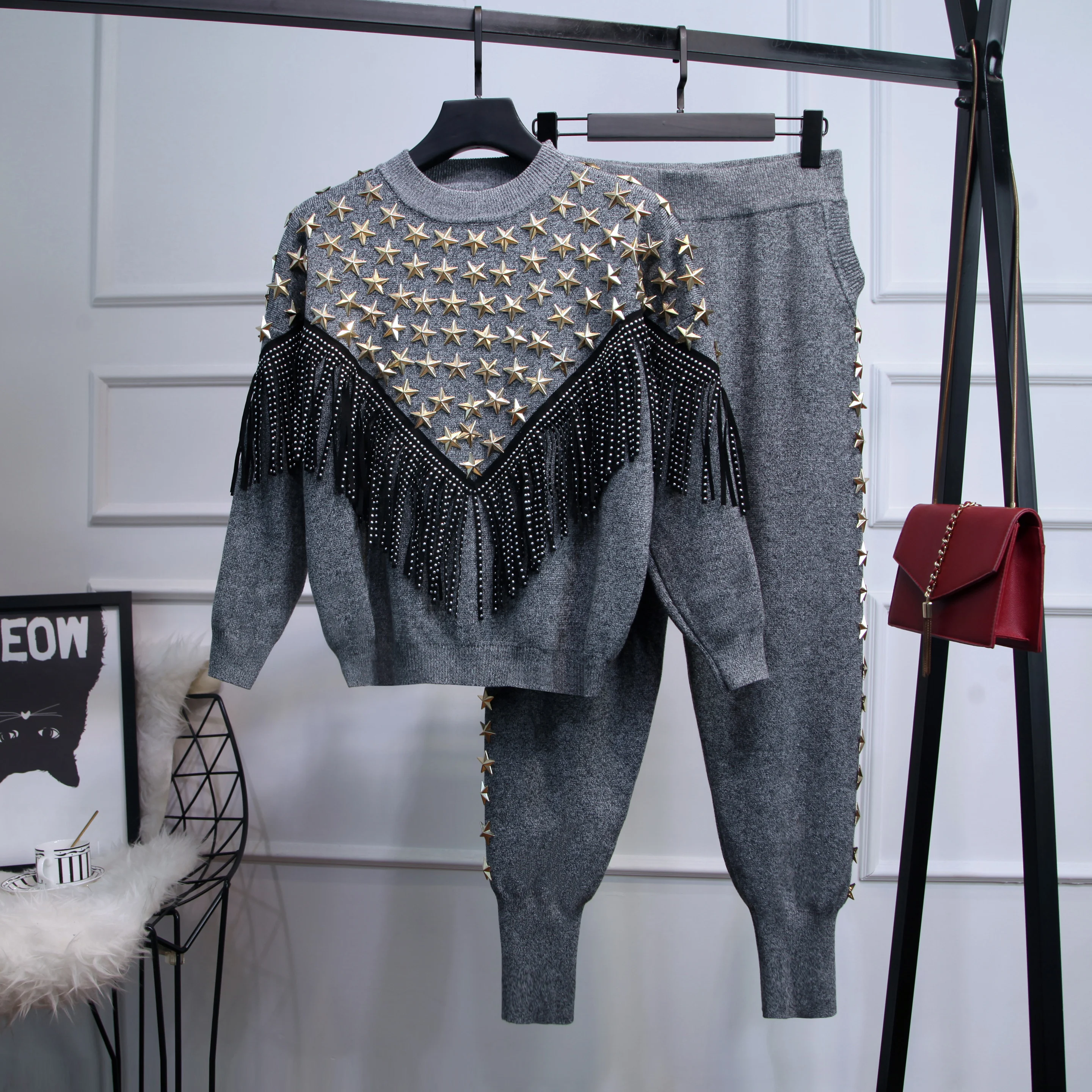Latest Design Streetwear Sets Women's Retro Stars Beads Tassel Sweater ...