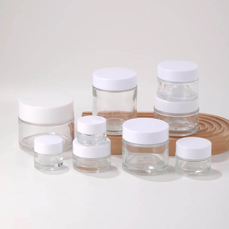 Empty Transparent Glass Cosmetic Cream Bottle 30g 50g 100g Clear Cosmetic Glass Jar With White ...