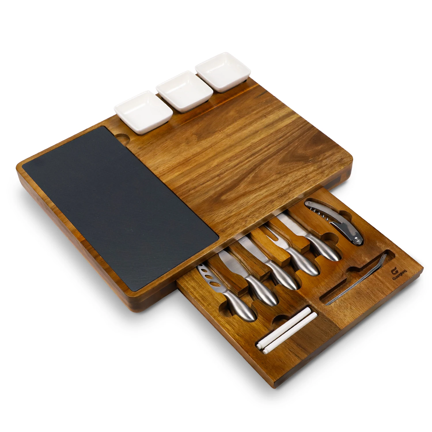 Msl Large Slate Acacia Wood Cheese Board Knife Set With Drawer Wooden ...