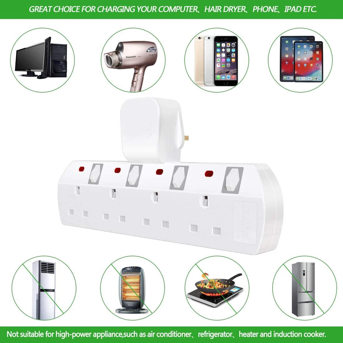 2 Way Double Plug Adapter - UK 3 Pin Socket Extensions 250V 13 Amp ...