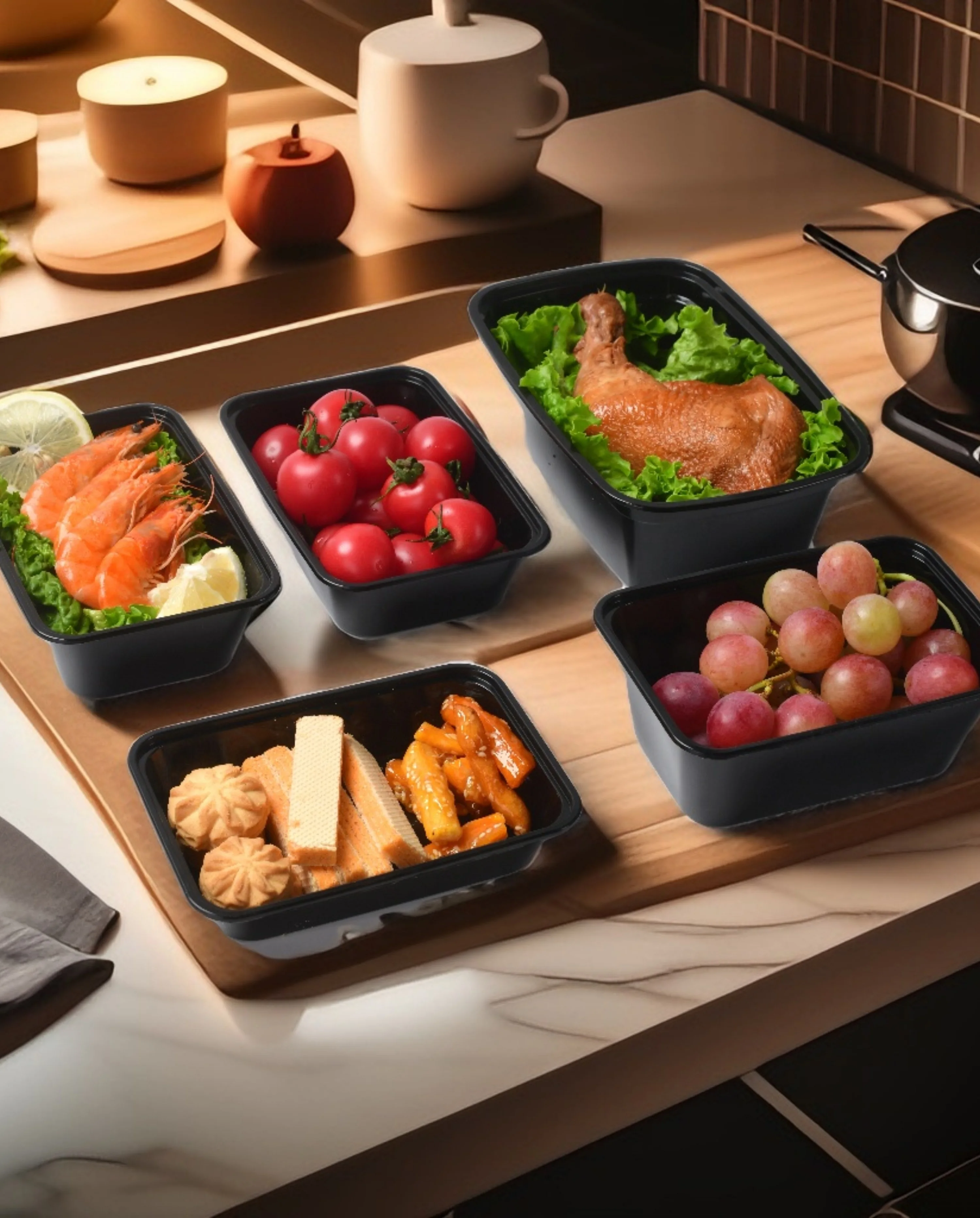 Black Rectangular Plastic Material Food Packing Box Disposable pp Food ...