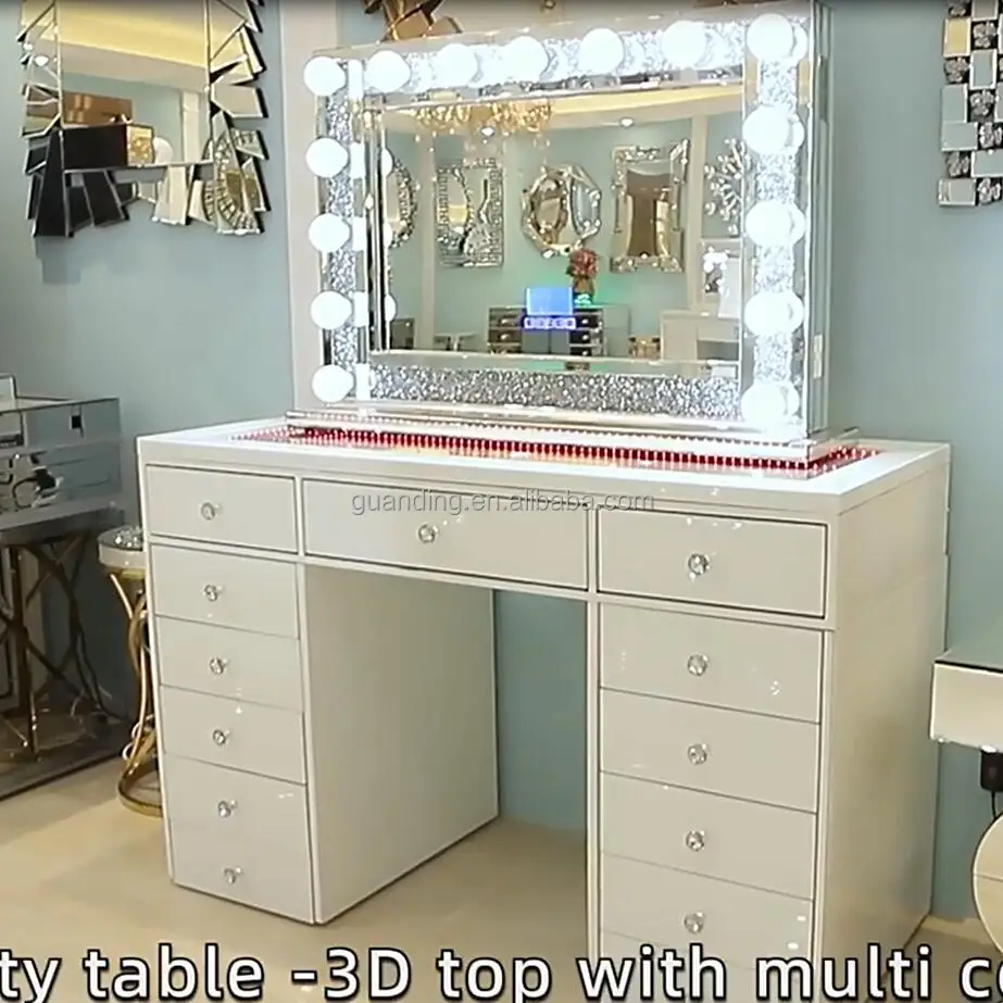 2023 Light Luxury White Thirteen Drawers Mirrored Vanity Table for Living Room