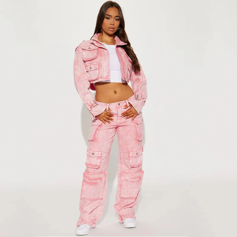 Custom Cropped Cargo Jacket and Baggy Jeans Set Women's Street Style ...
