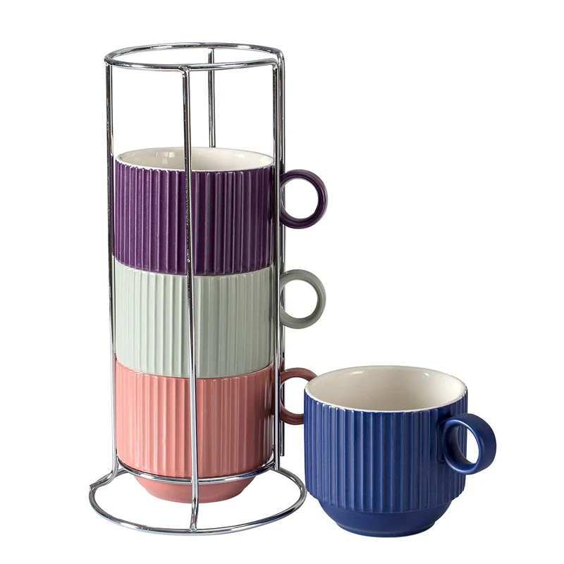 Stackable Coffee Mugs Set Of 4 With Metal Stand 15 Ounce Large Stacking ...