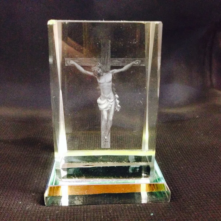 3D Art Religious Jesus Crucifix Cross Crystal Glass Laser Cube MH-F0438